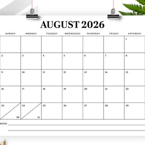 2026 8.5 X 11 Inch Calendar Template | INSTANT DOWNLOAD | Modern ...