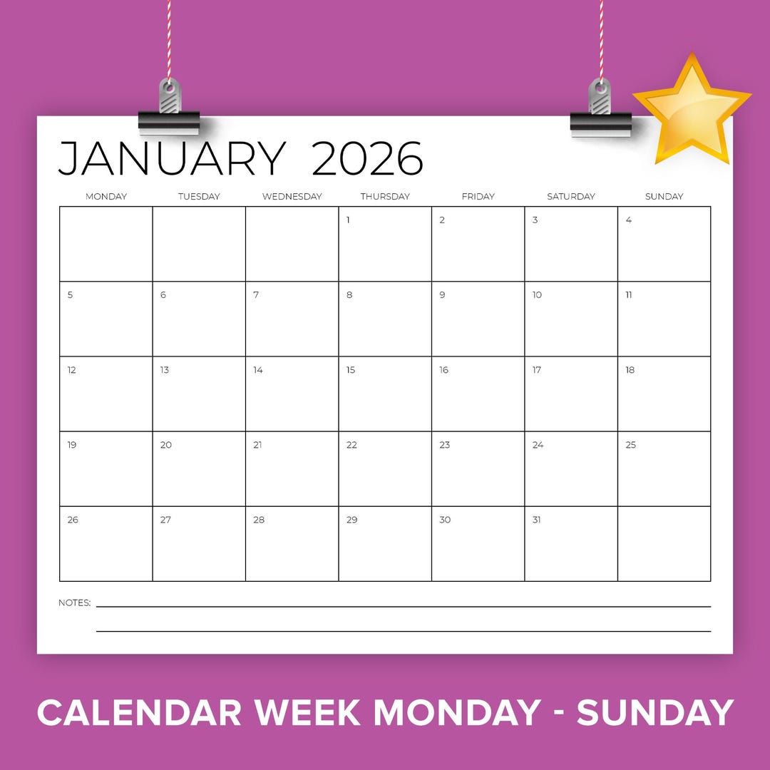2026 8.5 X 11 Inch Monday to Sunday Calendar Template | INSTANT ...