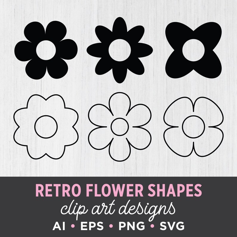 Retro Flowers Clip Art Set, PNG, SVG, VECTOR, Flower Silhouette, Flower ...