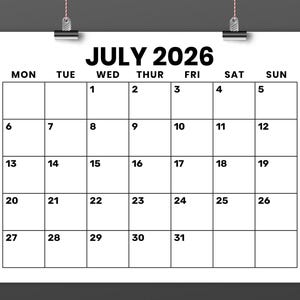 2026 8.5 X 11 Inch Large Number Mon-sun Calendar Template | INSTANT ...