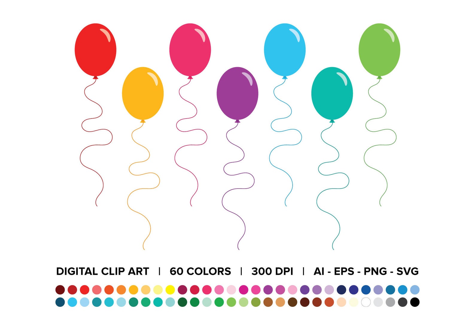 Party Balloons Clip Art Set PNG SVG VECTOR Cute Color String - Etsy