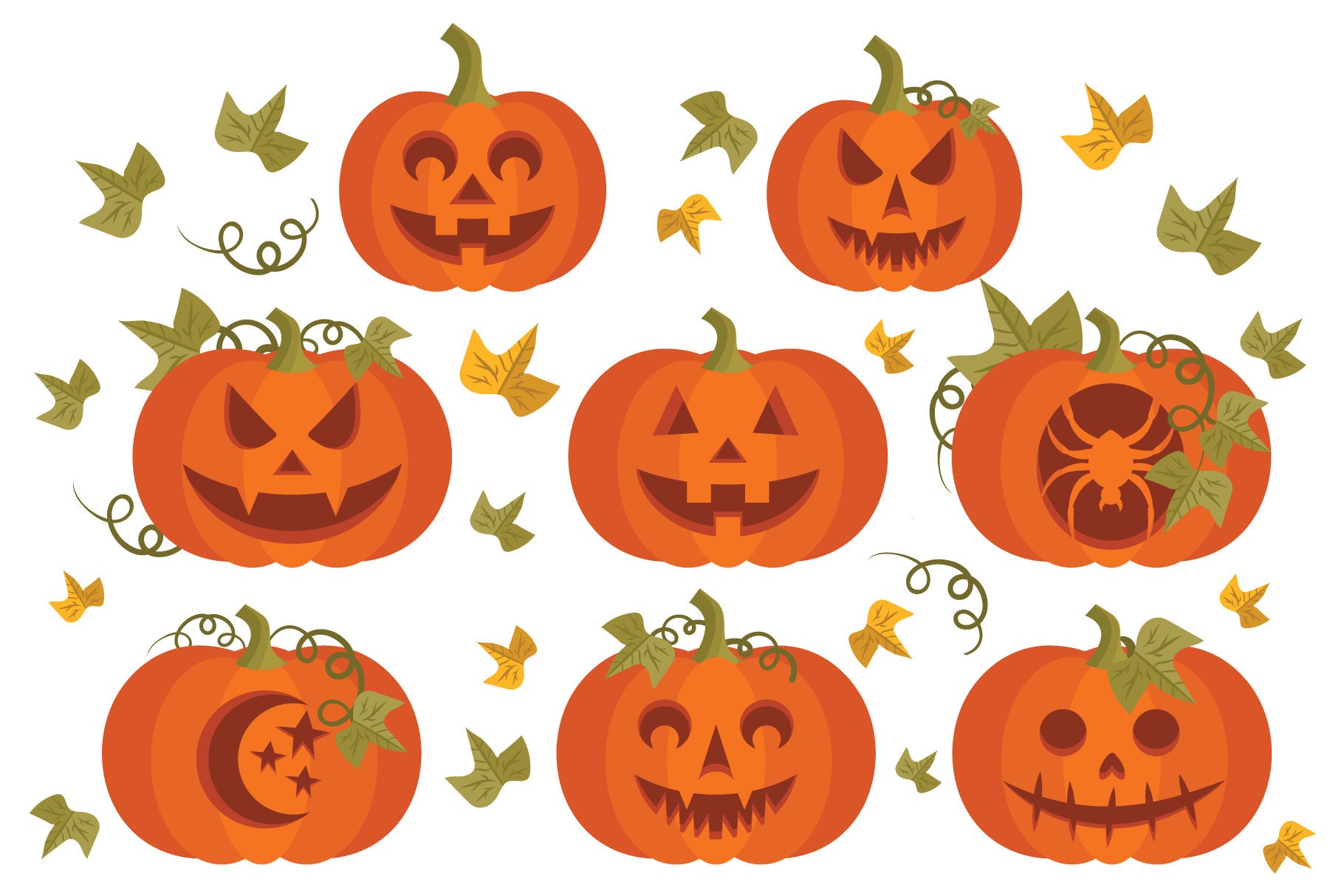 Fall Pumpkins Clip Art Set PNG SVG VECTOR Carved Halloween | Etsy