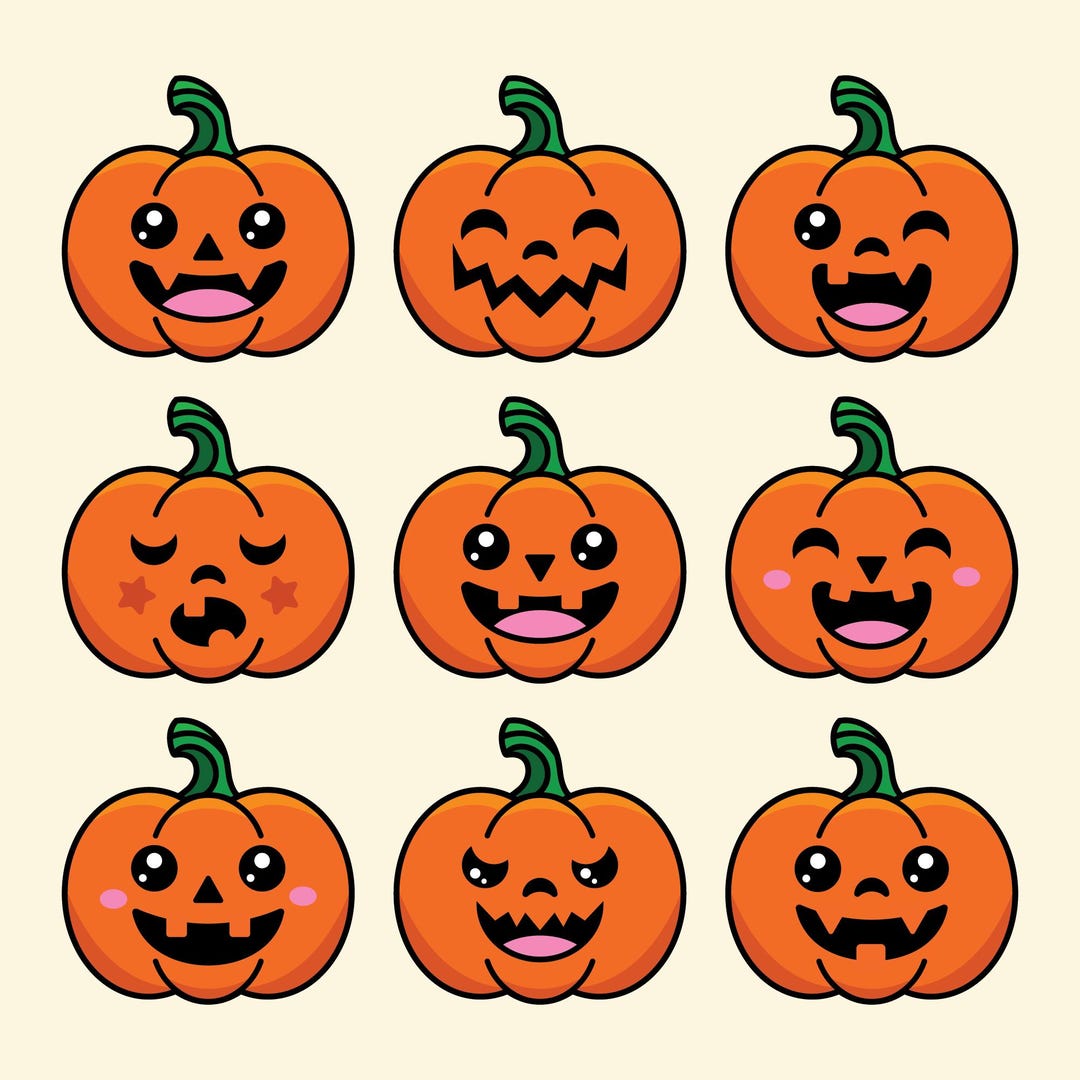 Happy Orange Pumpkin Clip Art Set, PNG, SVG, VECTOR, Kawaii Clipart ...