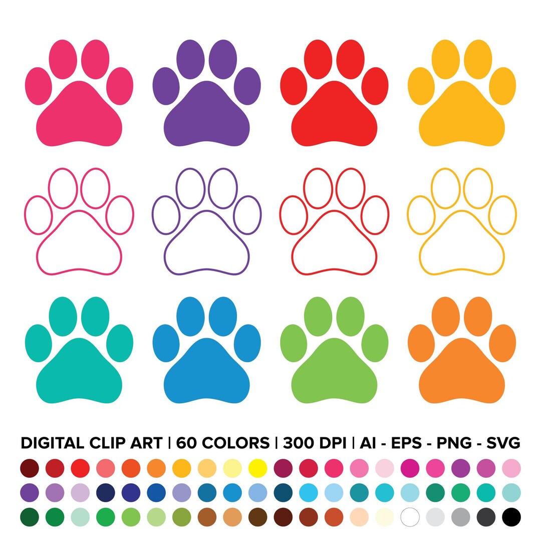Dog Paw Print Clip Art Set, PNG, SVG, VECTOR, Dog Paw Silhouette, Dog ...
