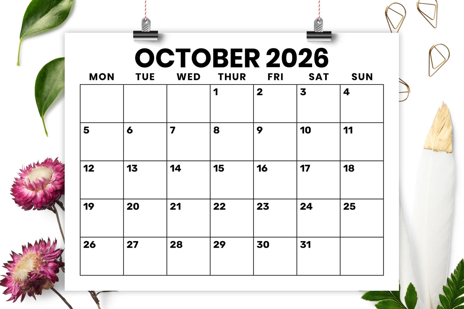 SALE 2026 8.5 X 11 Inch Large Number Mon-sun Calendar Template ...