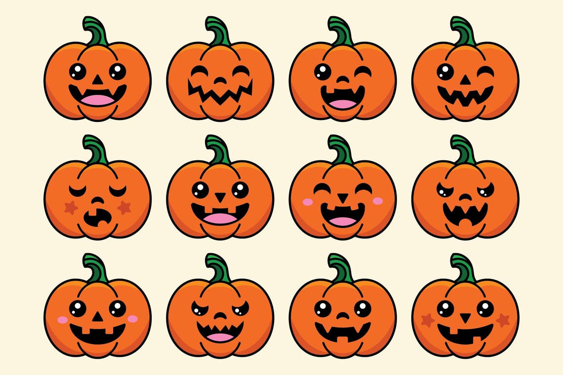Happy Orange Pumpkin Clip Art Set, PNG, SVG, VECTOR, Kawaii Clipart ...