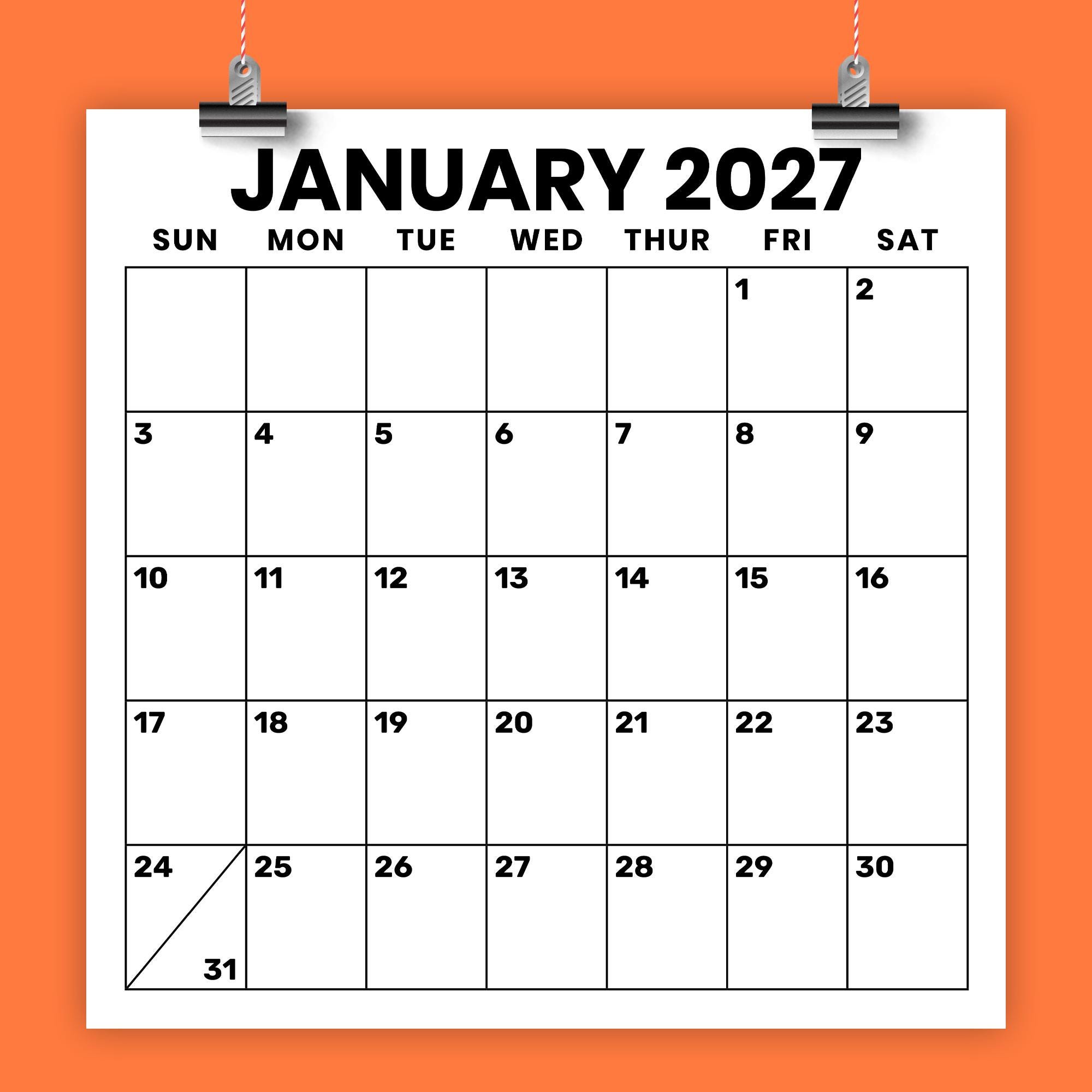 2027 Square 12 X 12 Inch Large Number Calendar Template | INSTANT ...