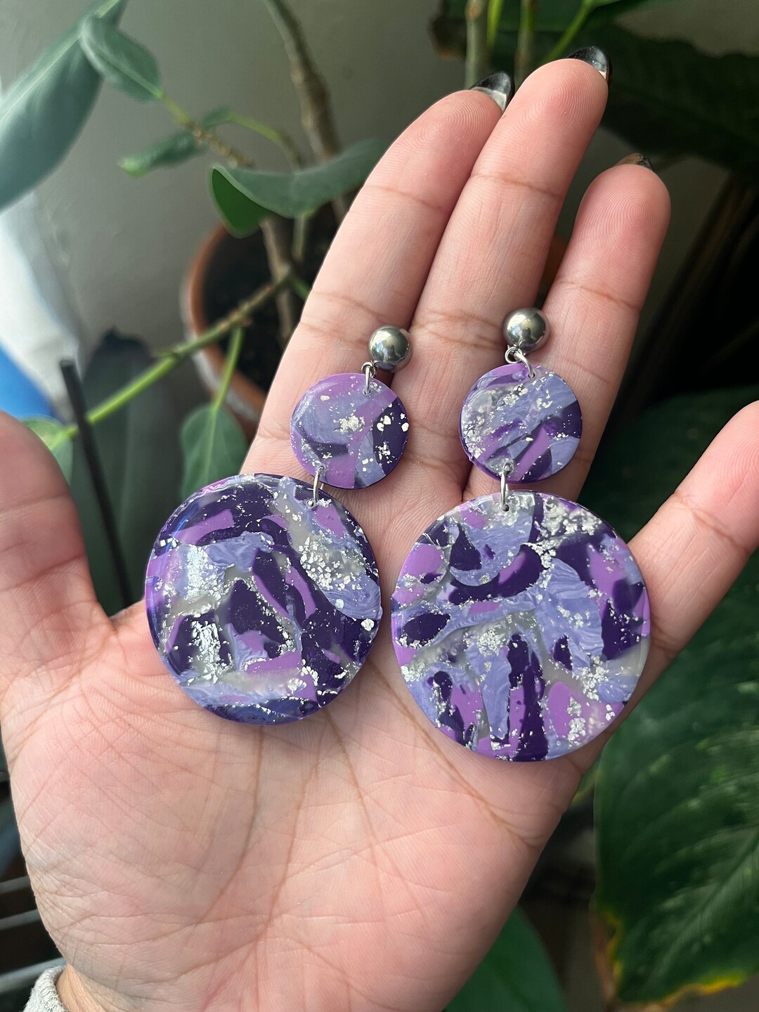 Purple Silver and White Clay Drop Earrings - No Slander - Etsy