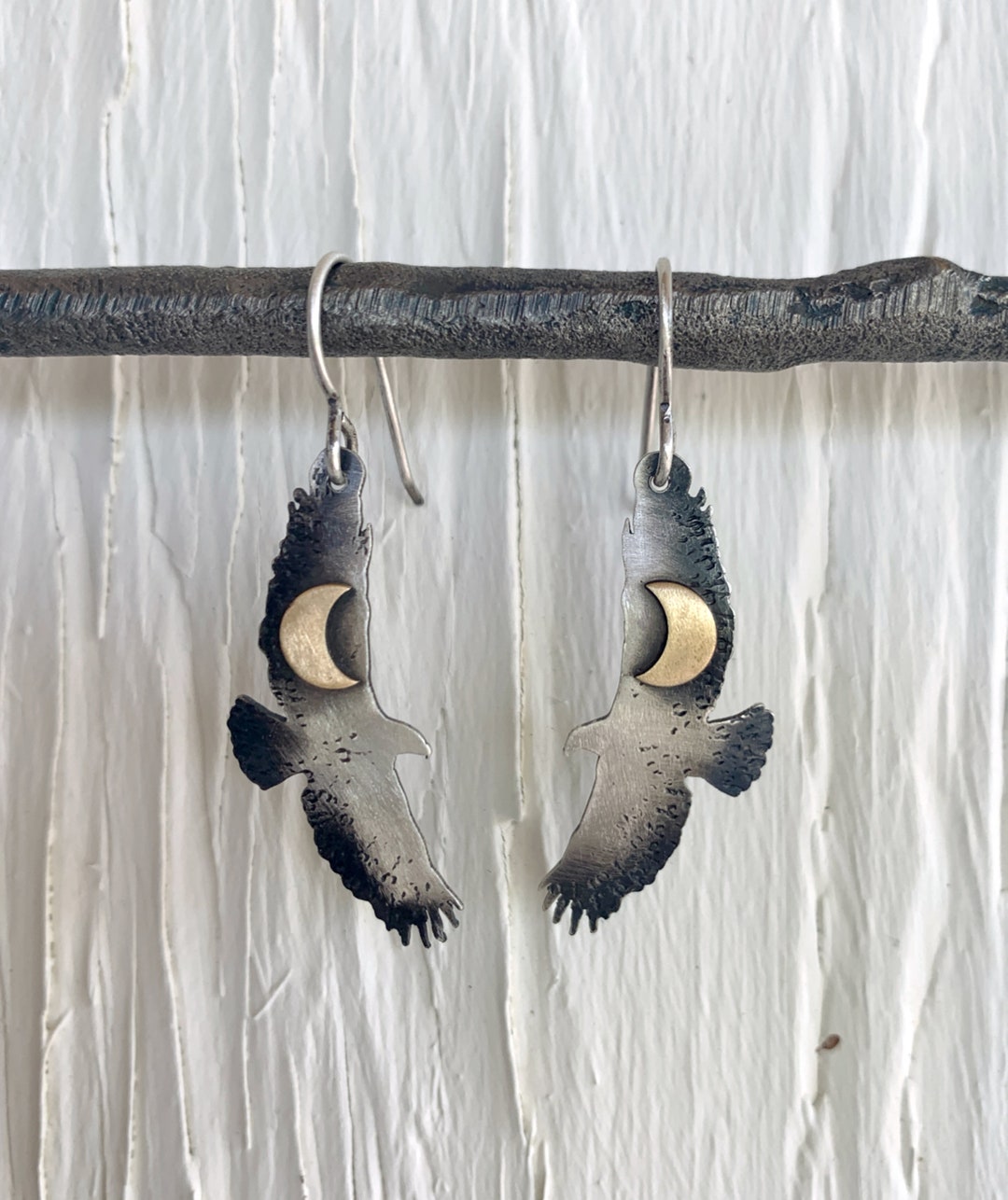 Hawk Earrings With Crescent Moon Sterling Silver and Brass- Silver Hawk ...