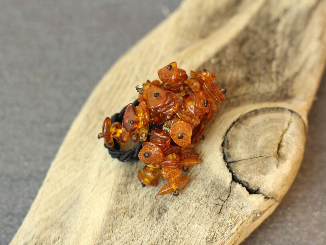 Baltic red cognac amber chips woven ring for women | Etsy