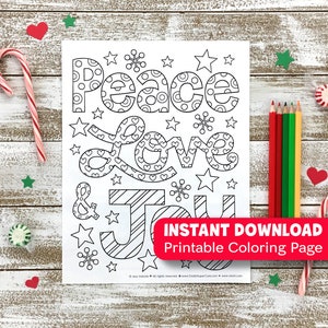 Peace Love Joy COLORING PAGE Merry Christmas Holiday • Adult Coloring ...