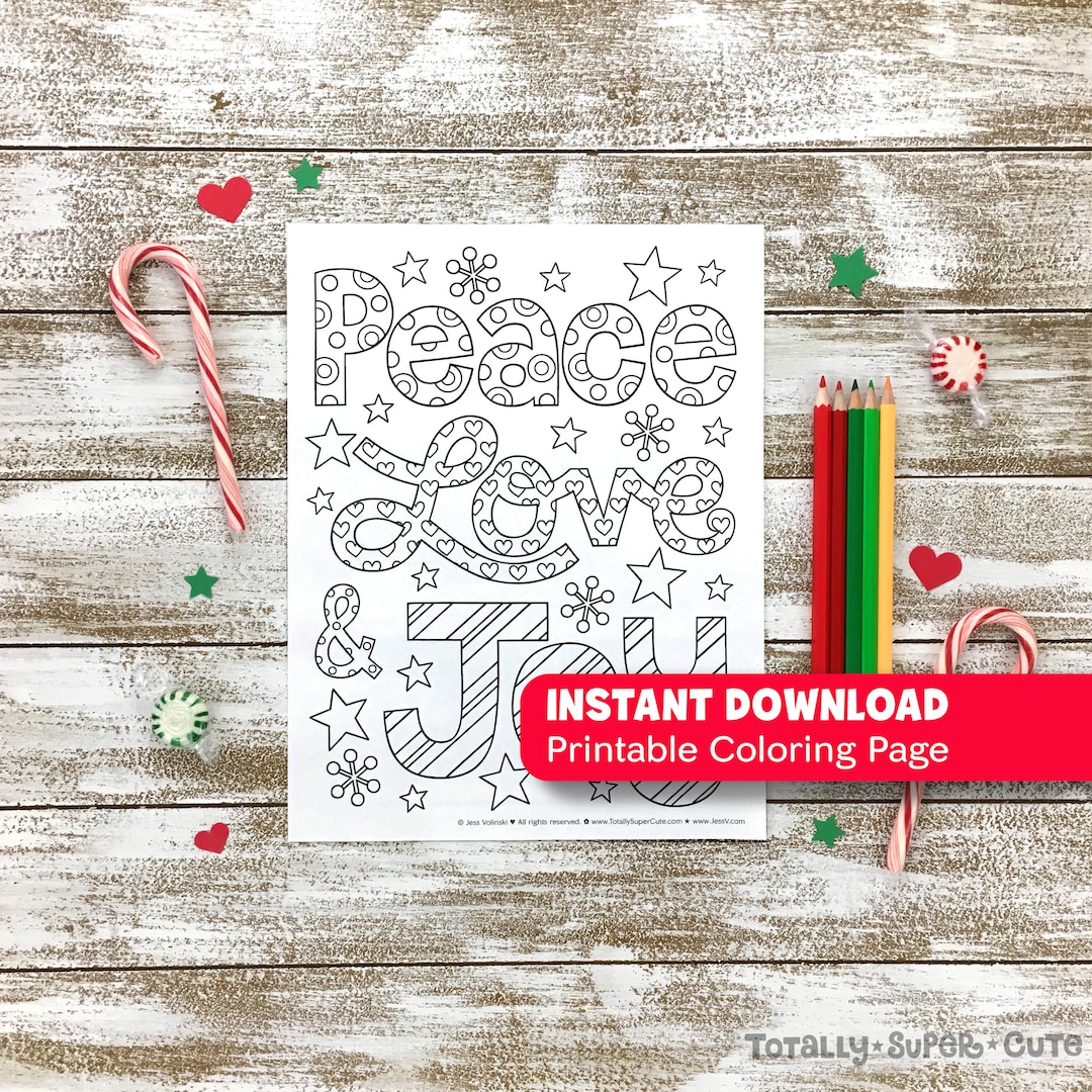 Peace Love Joy COLORING PAGE Merry Christmas Holiday • Adult Coloring ...