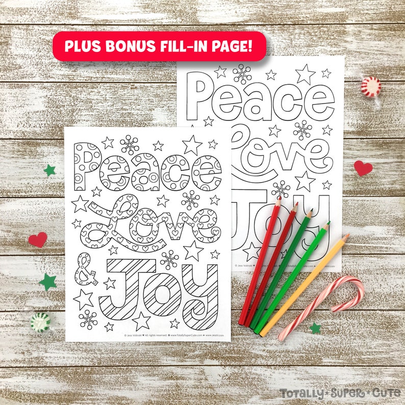 Peace Love Joy COLORING PAGE Merry Christmas Holiday Adult - Etsy