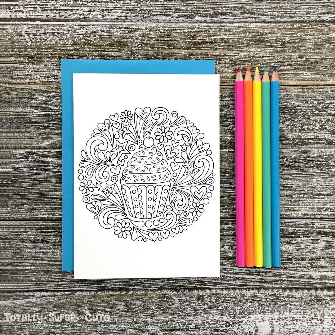 COLORING CARD Happy Birthday Cupcake 5x7 Card W/envelope Notebook ...