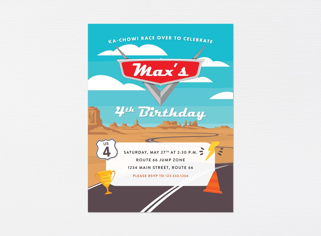 Race Car Birthday Invite (any Age!) · Route 66 Modern Cars Party ...