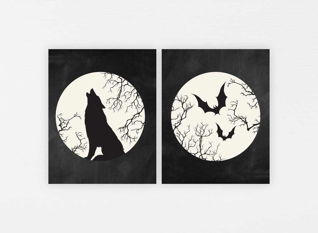 Moon Wolf Bats Print Set Set of 2 Halloween Decor Spooky - Etsy
