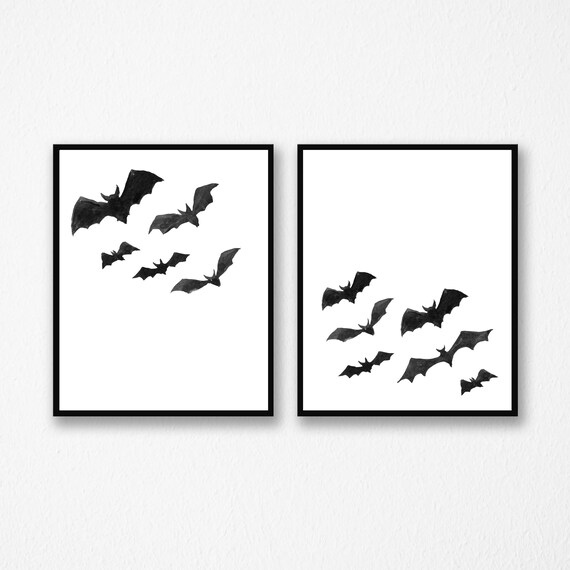 Black Bat Print Set Set of 2 Printable Halloween Art Bat | Etsy