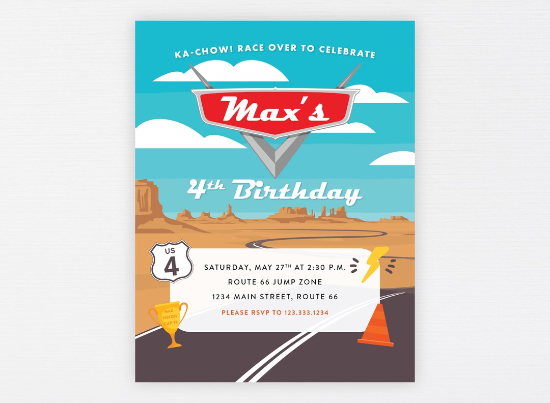 Race Car Birthday Invite any Age Route 66 Modern Cars Party Invitation ...