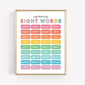 Sight Words contractions Education Printable Reading Spelling Aid ...
