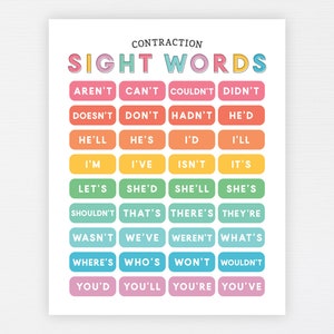 Sight Words contractions Education Printable Reading - Etsy
