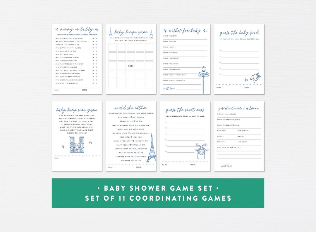 French Baby Shower Games Bundle · Set of 11 · Bonjour Bébé Eiffel Tower ...