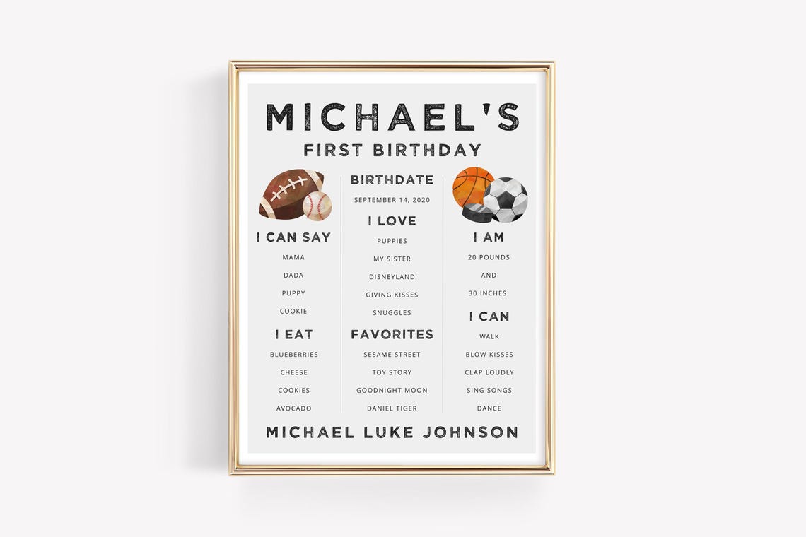 Sports Milestone Board · 1st Birthday Stats Basketball Football ...