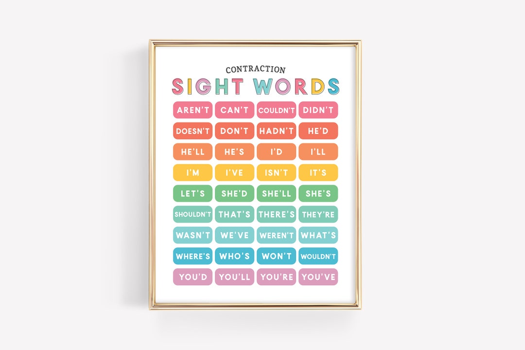 Sight Words contractions Education Printable Reading Spelling Aid ...