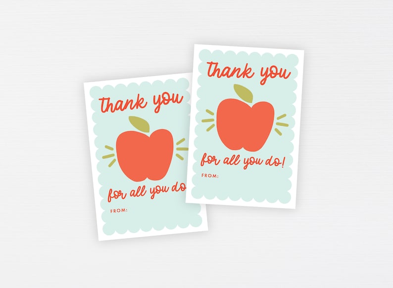 Teacher Thank You Tags Apple Appreciation Kid Printable - Etsy