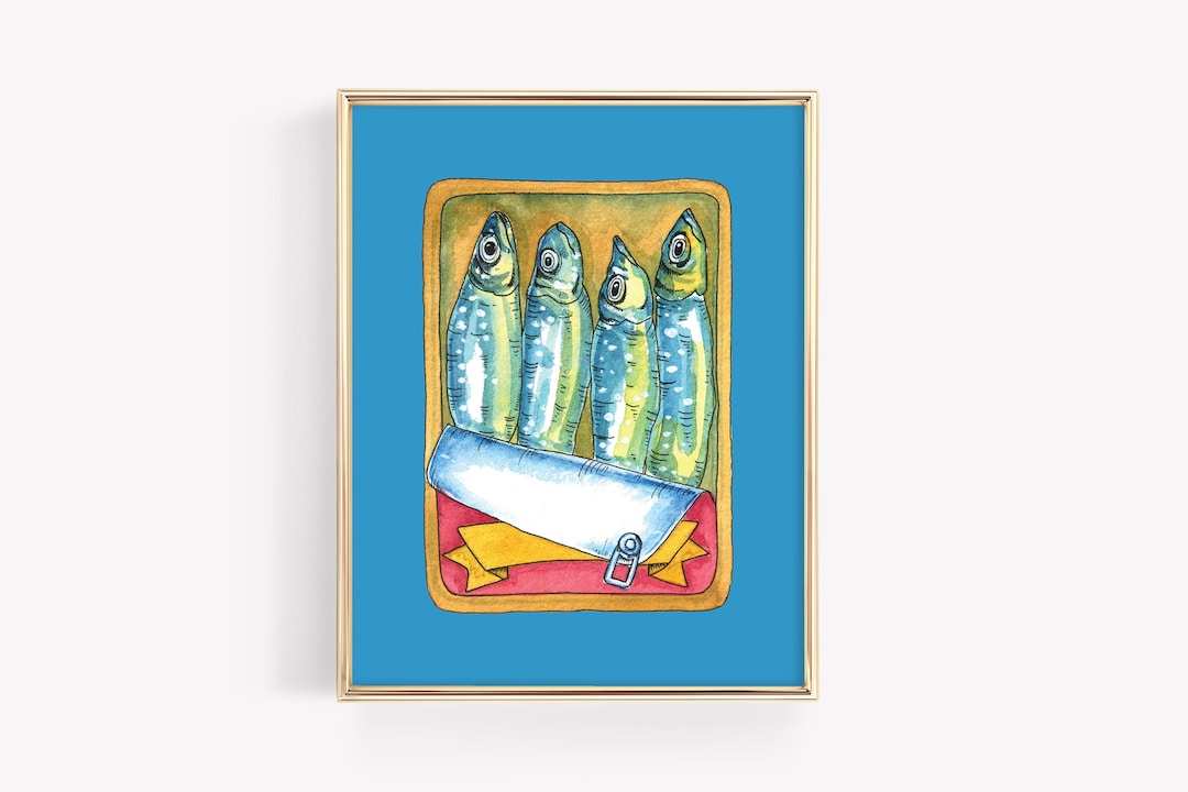 Tinned Sardines Watercolor Art · Bright Kitchen Poster · Funny Sardine ...