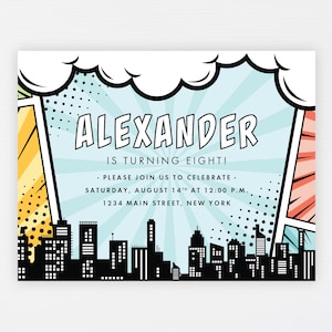Superhero Birthday Invitation Comic Book Party Invite Modern Super Hero ...