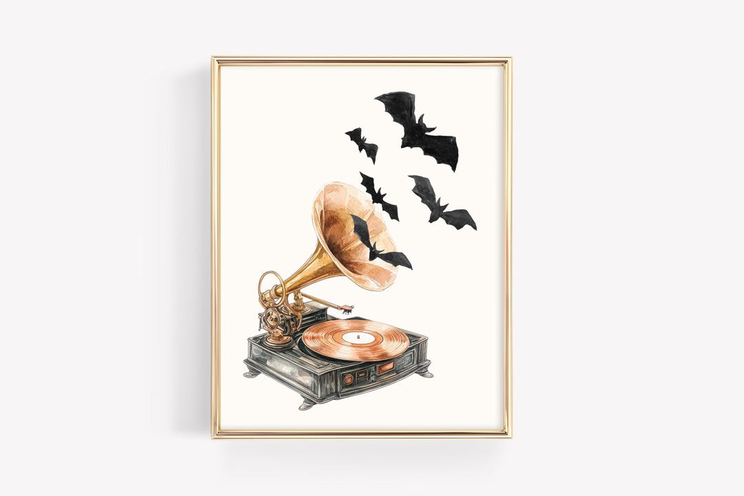 Spooky Phonograph Print · Bats Record Player Art · Retro Halloween Art ...