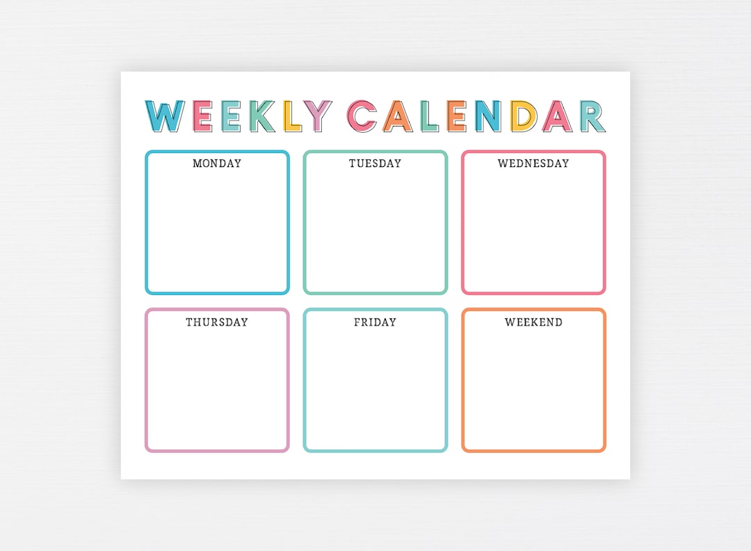 Kids Weekly Calendar Cute Colorful Printable Children's Weekly Planner ...