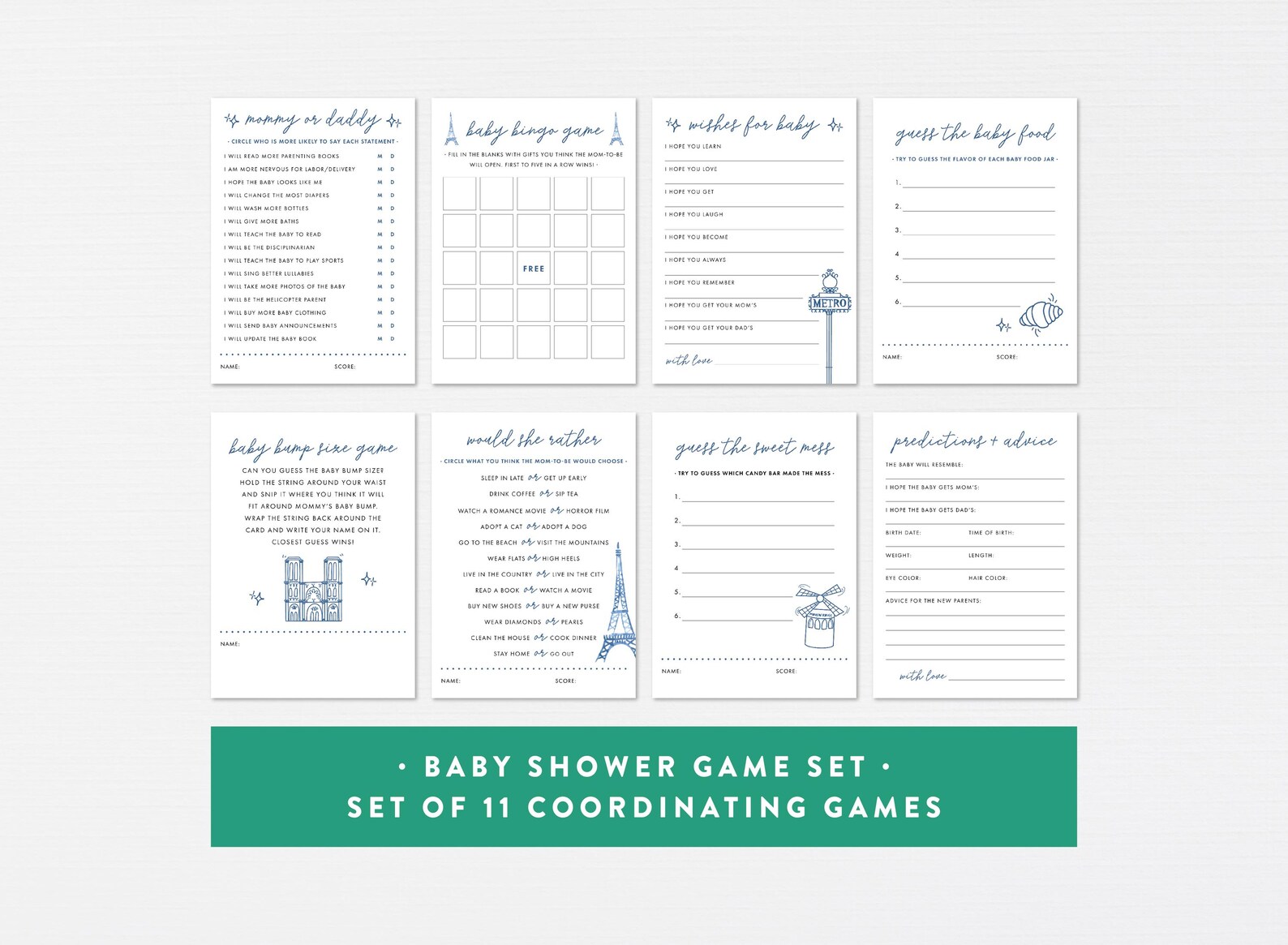 French Baby Shower Games Bundle · Set of 11 · Bonjour Bébé Eiffel Tower ...