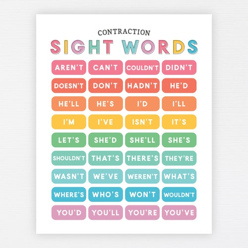 Sight Words contractions Education Printable Reading - Etsy