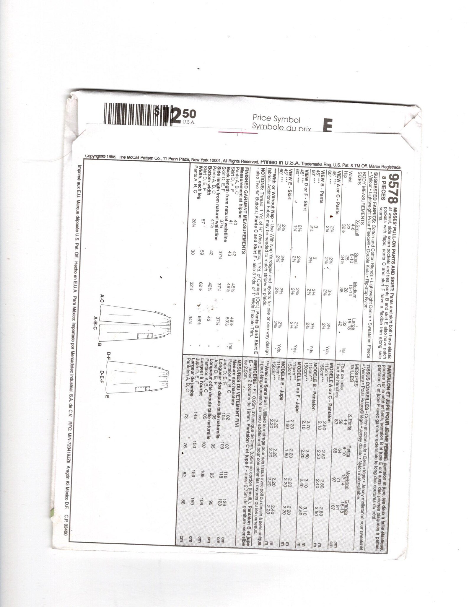 UNCUT Sewing Pattern Mccalls 9578 for Pants and Skirt Variations, Sz 4 ...