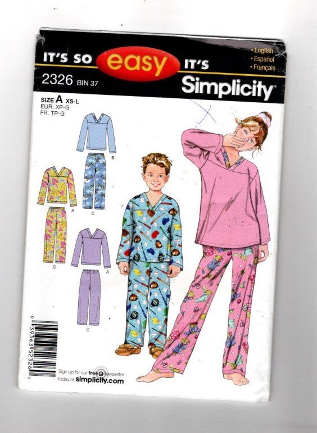 UNCUT Sewing Pattern Simplicity 2326 for Kids Pajamas, Sz XS--L, Pjs ...