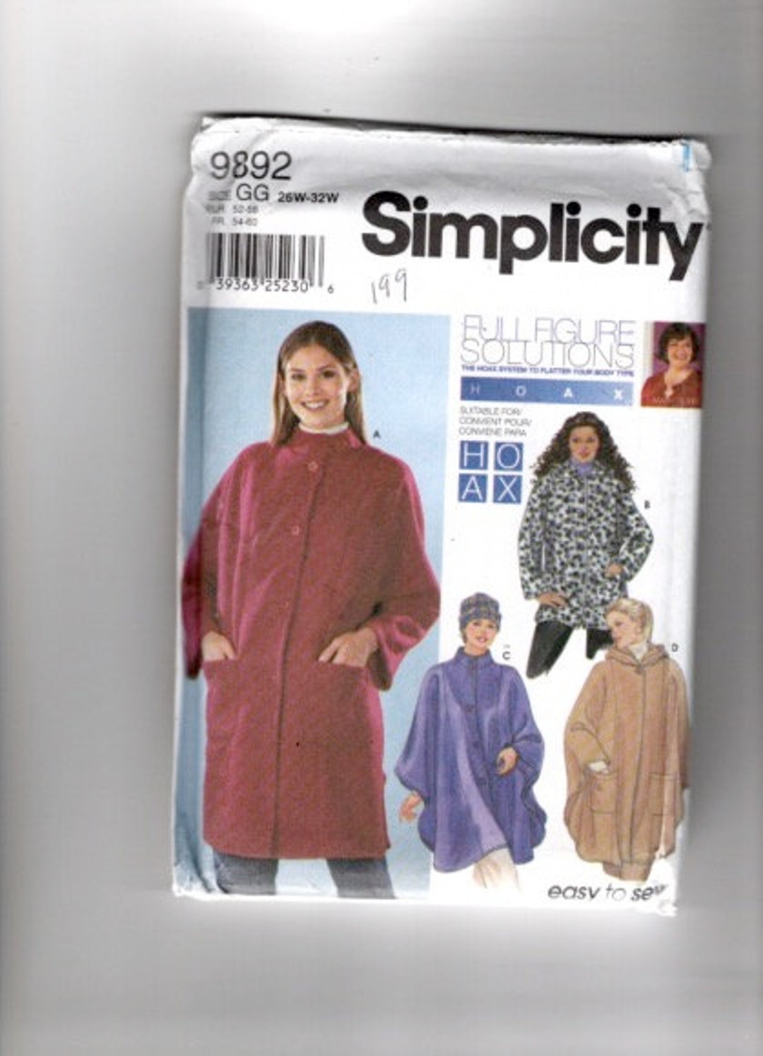 UNCUT Sewing Pattern Simplicity 9892 for Coat, Jacket, Poncho and Hat ...