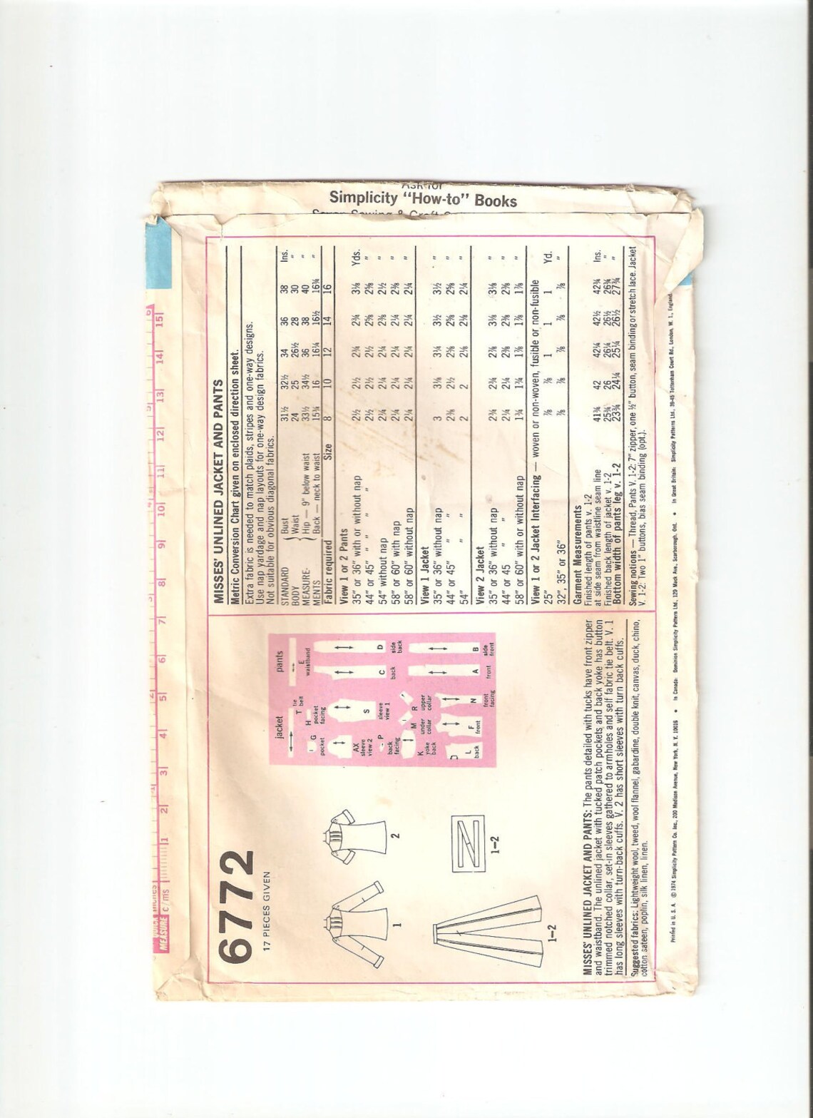 Vintage Simplicity Sewing Pattern 6772 for Jacket and Pants, Sz 10 ...