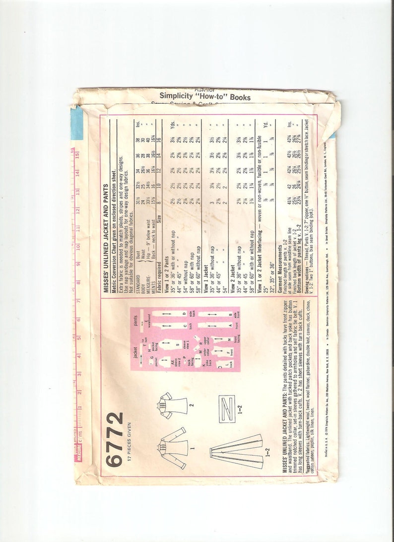 Vintage Simplicity Sewing Pattern 6772 for Jacket and Pants, Sz 10 ...