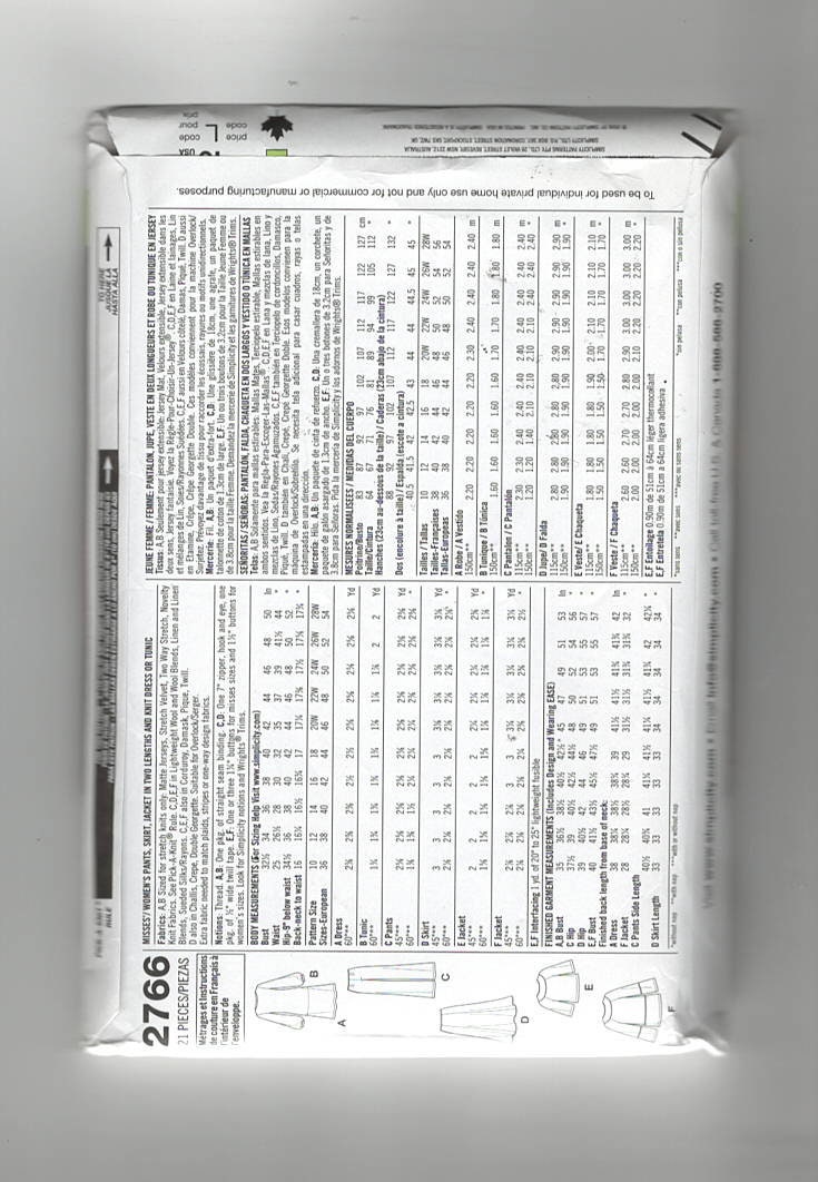 UNCUT Sewing Pattern Simplicity 2766 for Women's Wardrobe, Sz 1018 or ...