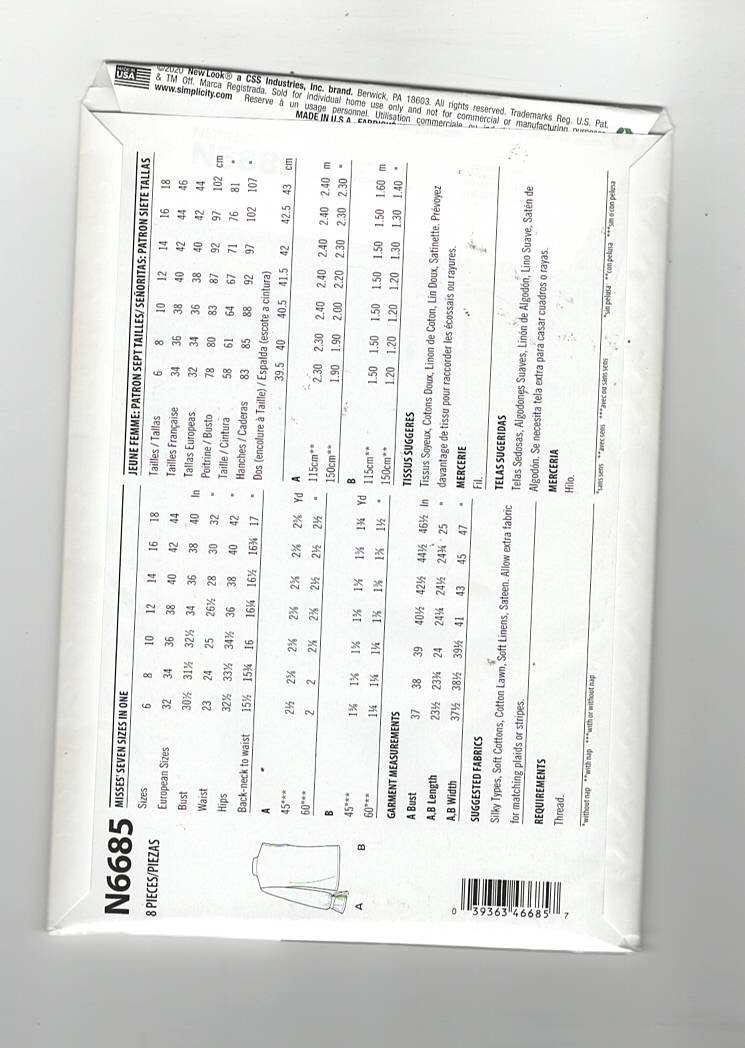 UNCUT Sewing Pattern New Look 6685 for Top Variations, Sz 6--18, Blouse ...