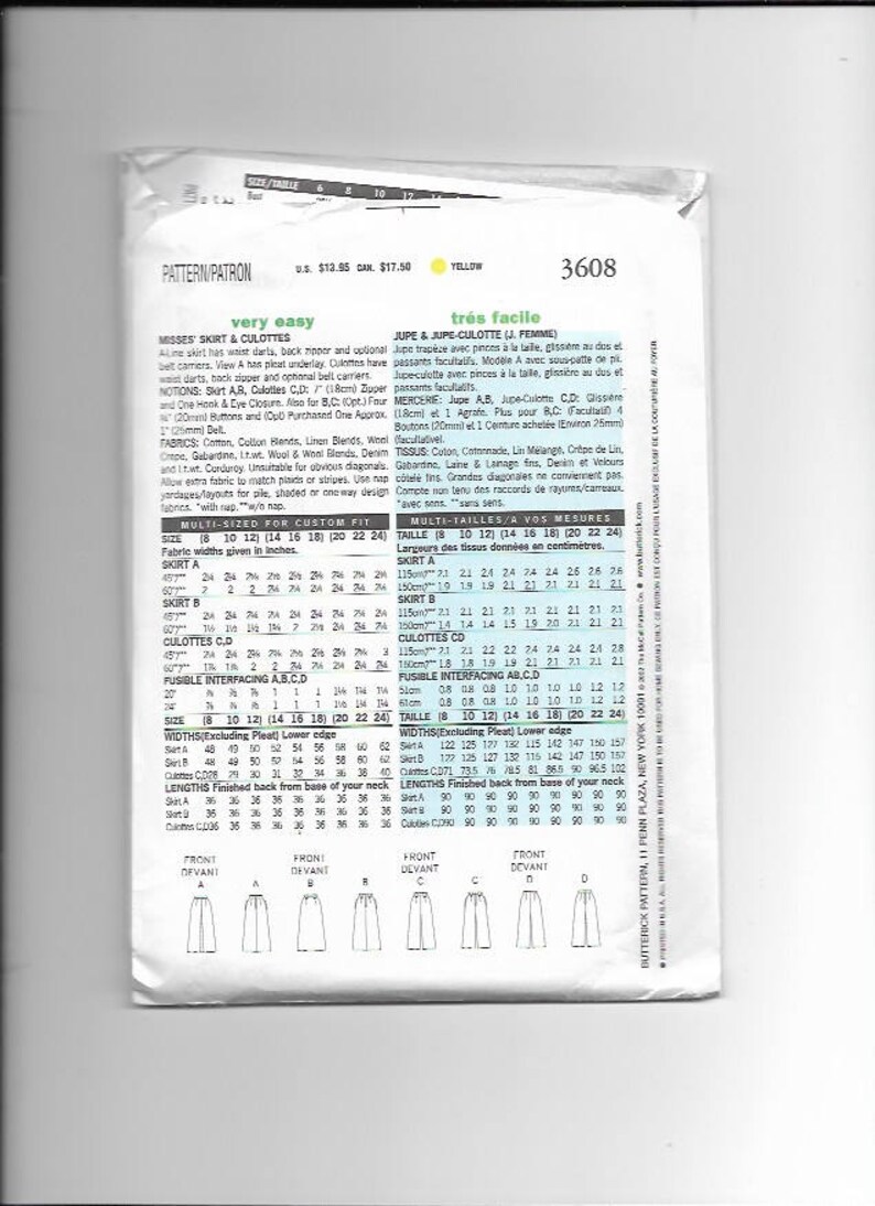 UNCUT Sewing Pattern Butterick 3608 for Skirt and Culottes. Sz 8-10-12 ...