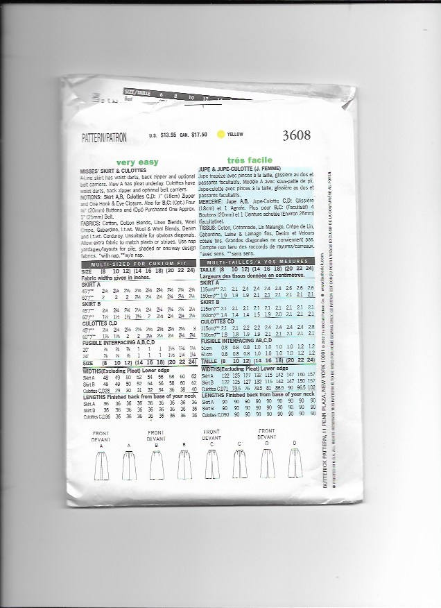 UNCUT Sewing Pattern Butterick 3608 for Skirt and Culottes. Sz 8-10-12 ...