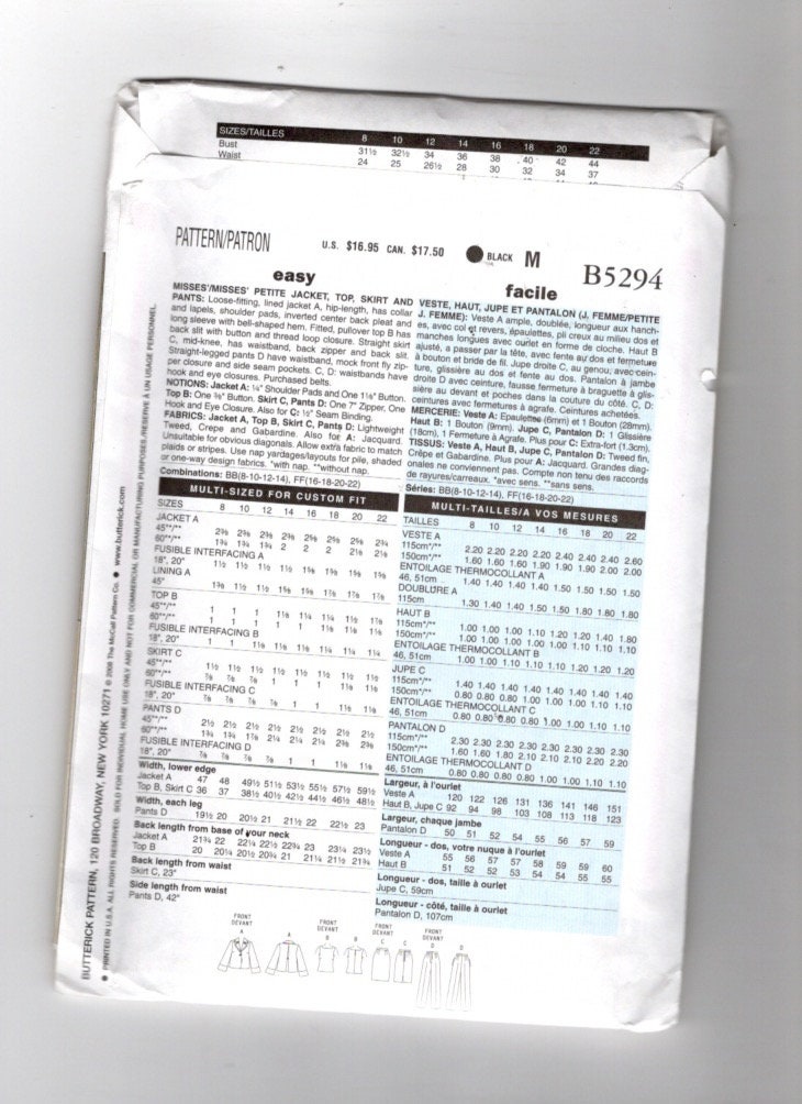 UNCUT Sewing Pattern Butterick 5294 for Ladies Wardrobe, Jacket, Top ...