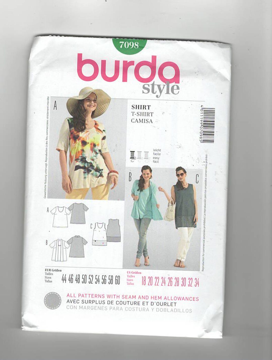 UNCUT Sewing Pattern Burda for Ladies Shirt, Top Variations, Sz 18--34 ...