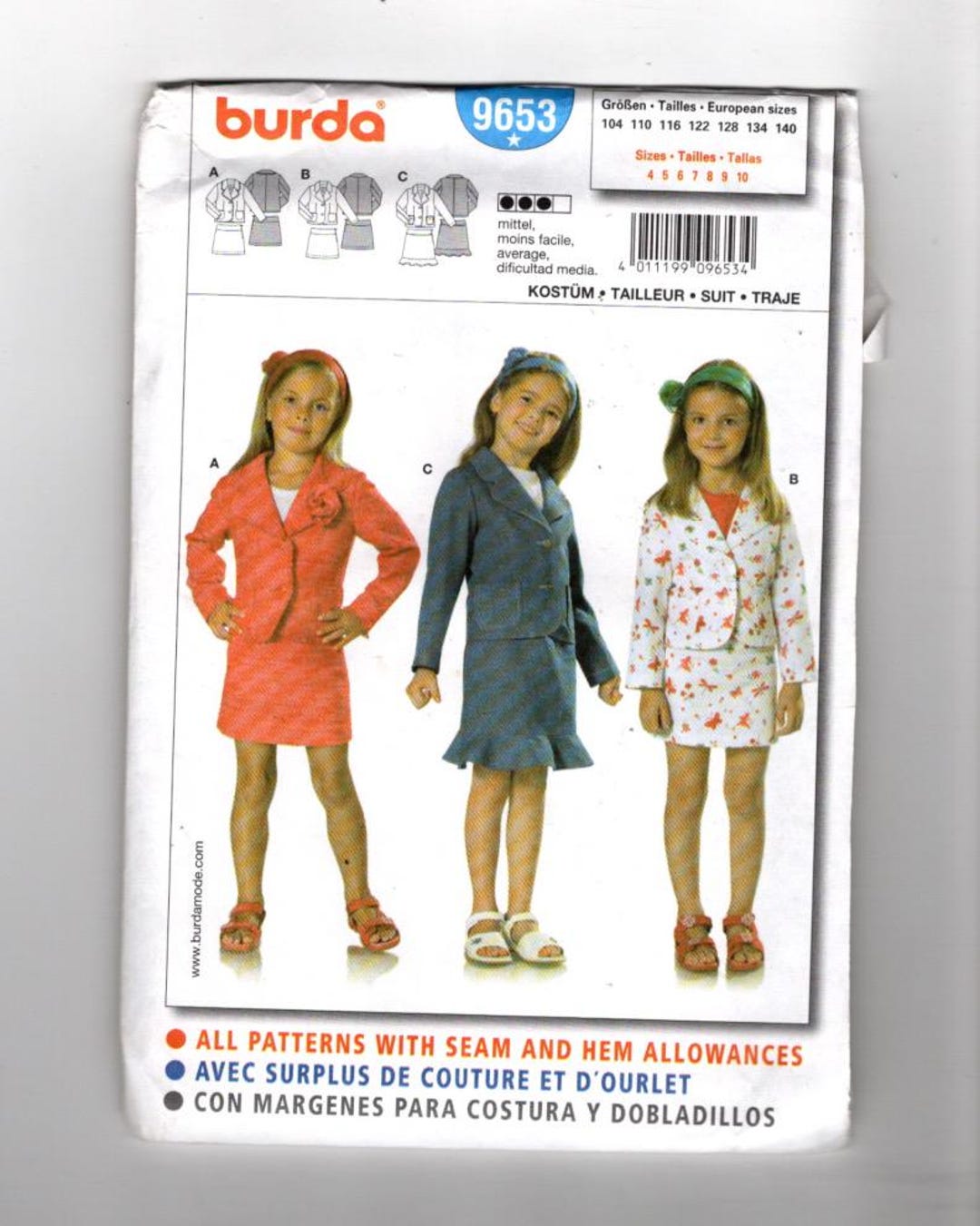 UNCUT Sewing Pattern Burda 9653 for Girls Suit, Sz 410, Girls Jacket ...