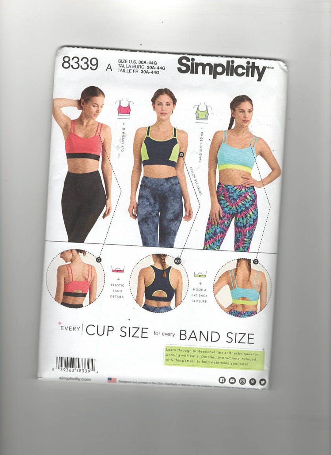 UNCUT Sewing Pattern Simplicity 8339 for Sport Bra, Sz 30A44G, Athletic ...