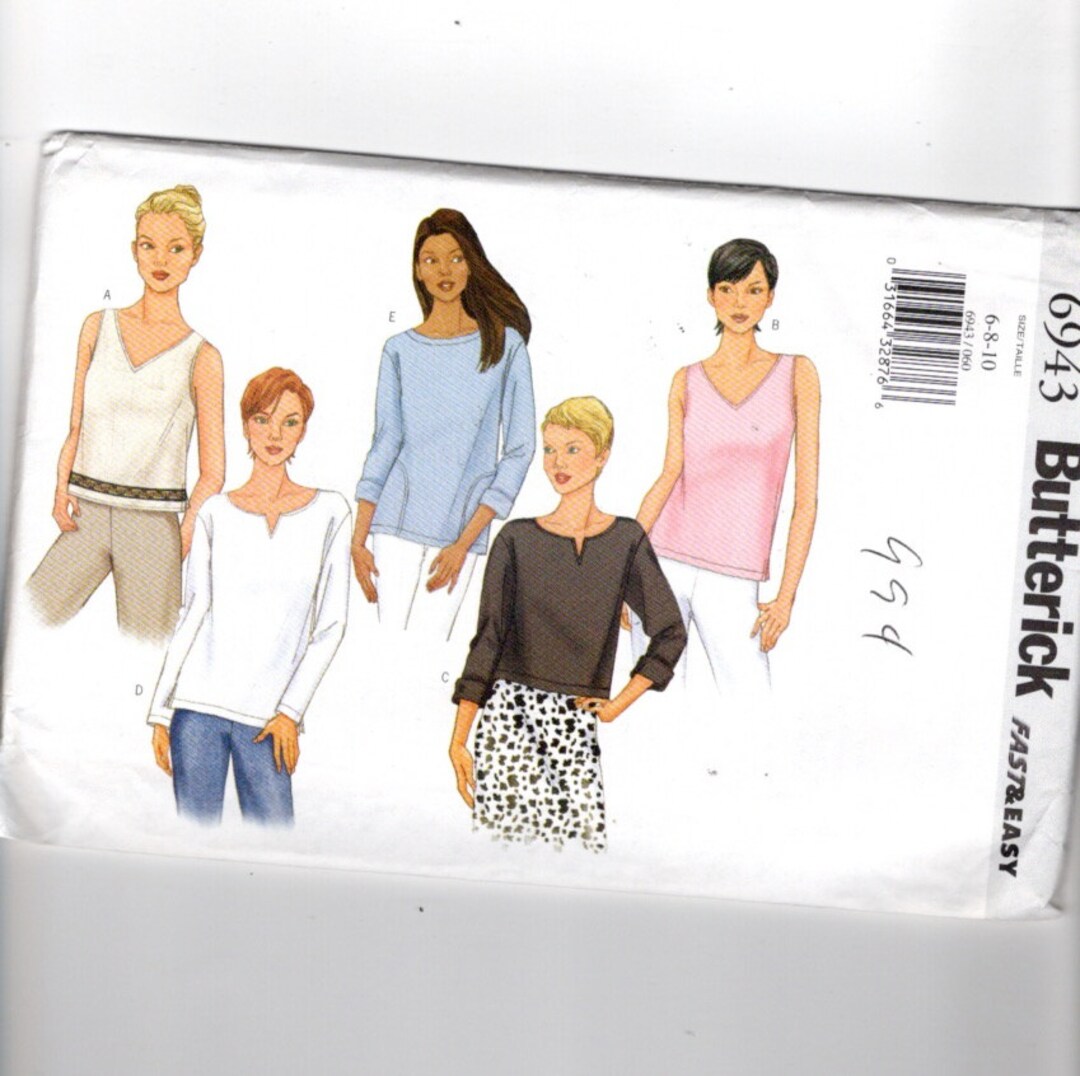 UNCUT Sewing Pattern Butterick 6943 for Top Variations, Sz 6-8-10, Easy ...