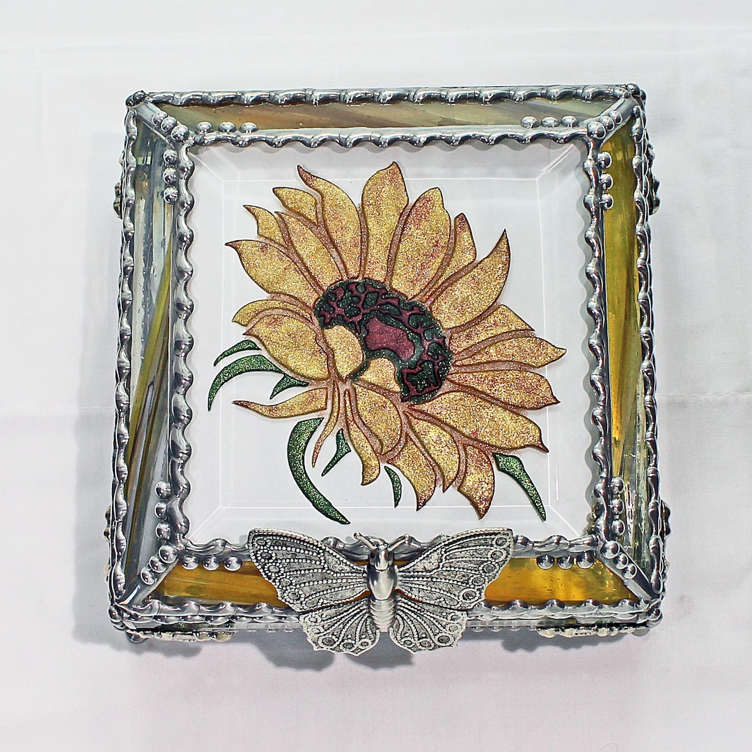Sunflower, Stained Glass, Keepsake Box, Jewelry Box, Faberge Style ...