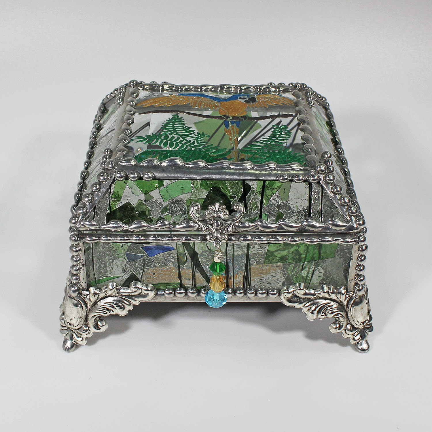 Parrot Carved Glass Jewelry Treasure Box - Faberge Style